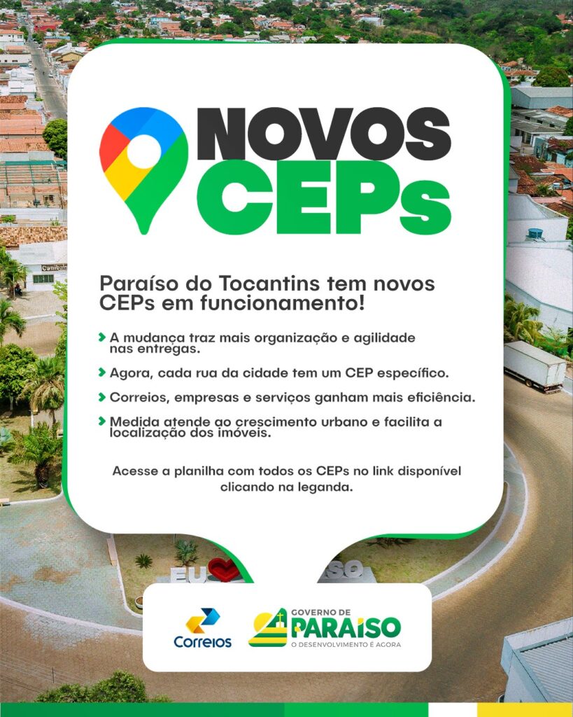 Paraíso do Tocantins adota novos CEPs e moderniza sistema de ...